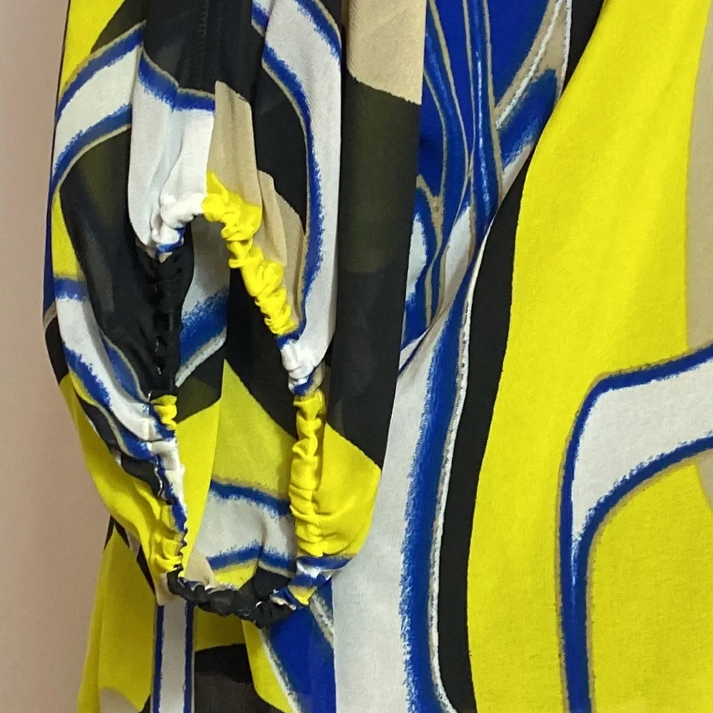 Rose & Olive | Tops | Blue Yellow Pattern Sheer Blouse M | Poshmark